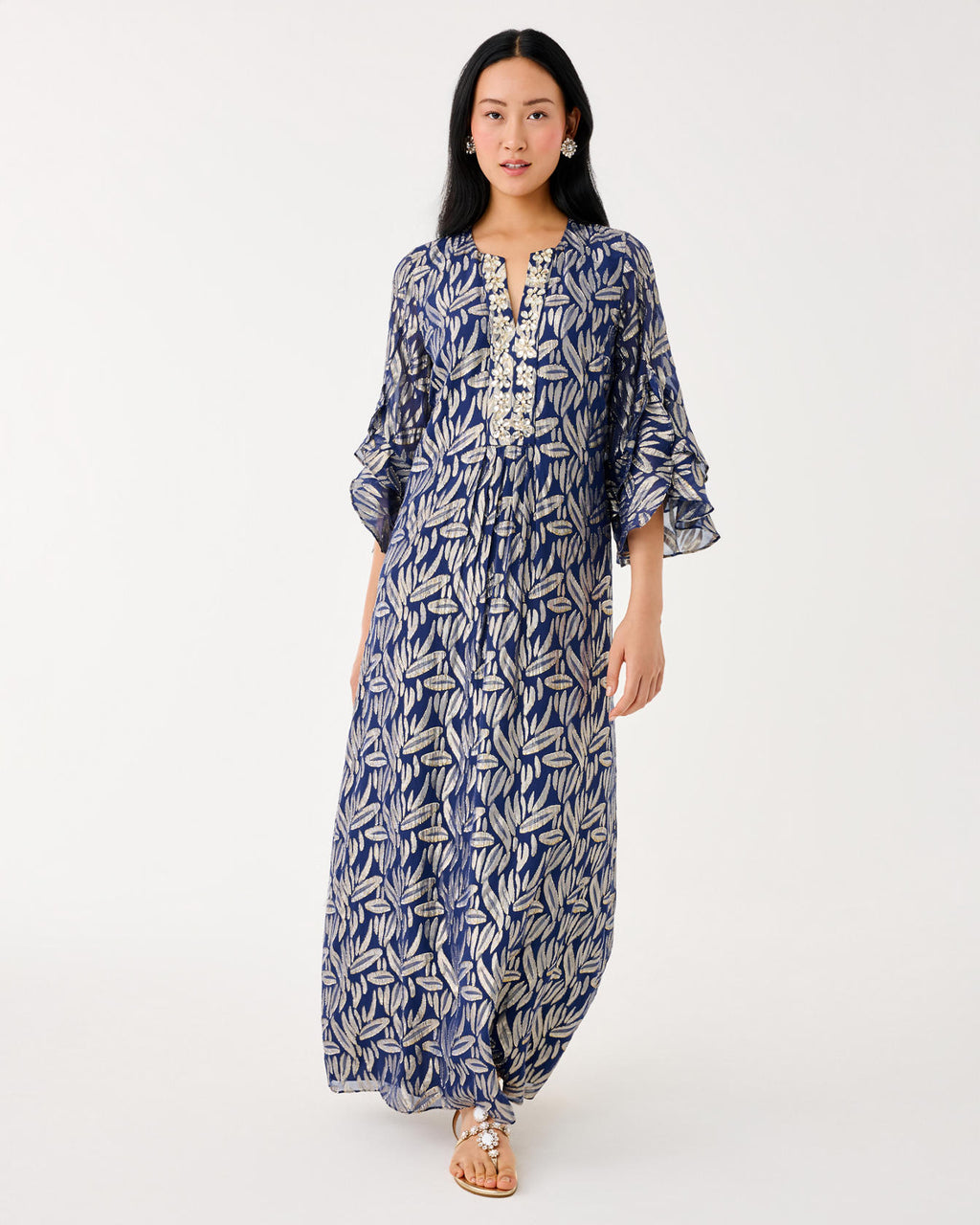 Bellina Silk Maxi Caftan Low Tide Navy Leafy Babe Metallic Silk Clip ...